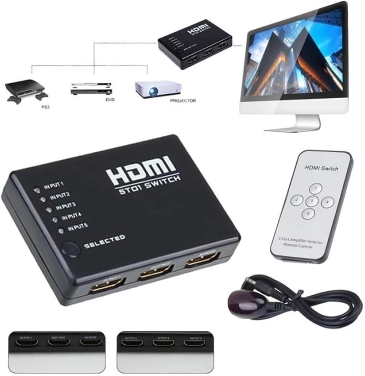 Mini 5 Port 1080P Video HDMI Switch Splitter with IR Remote
