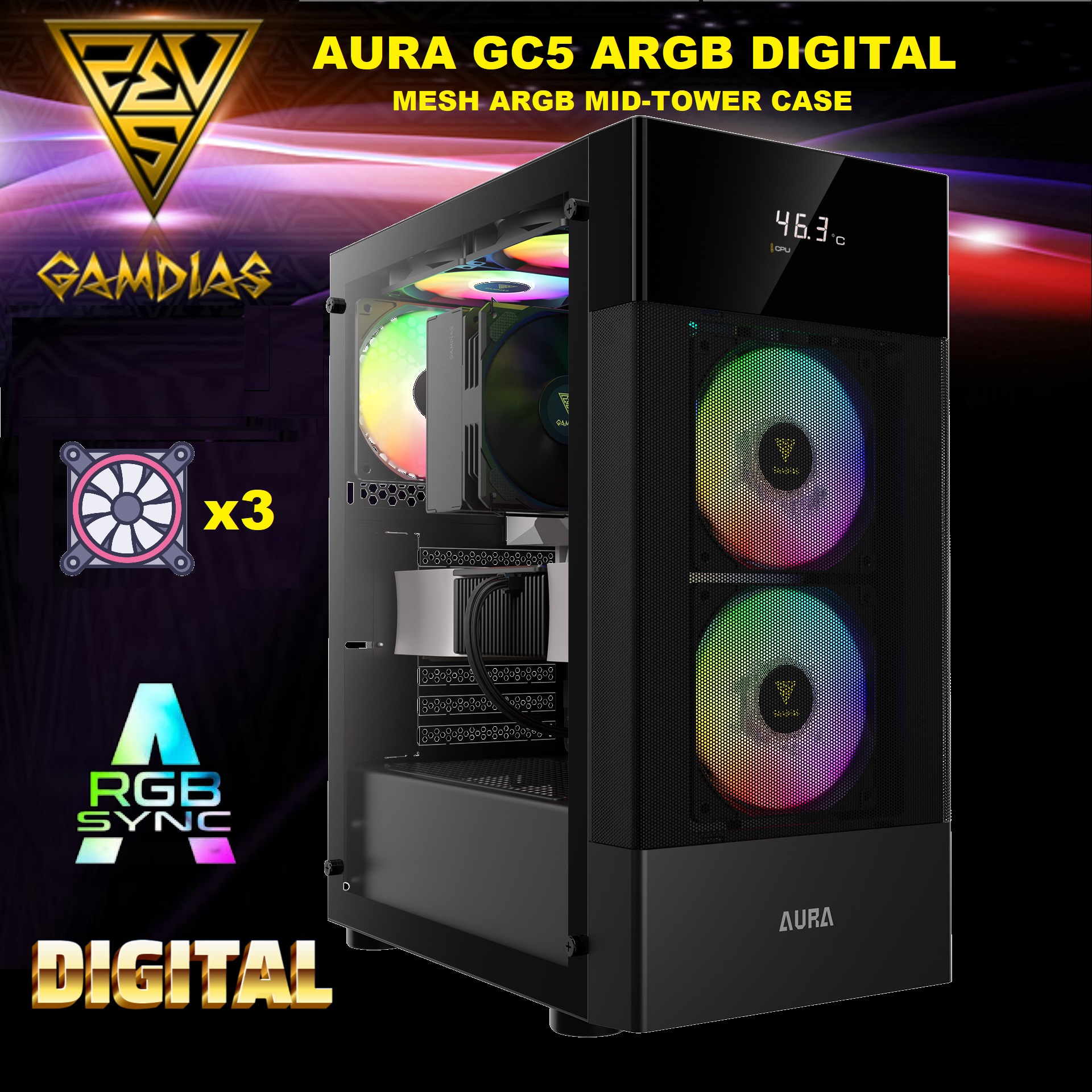 AURA GC5 ARGB DIGITAL DISPLAY ARGB MID-TOWER CASE w MESH