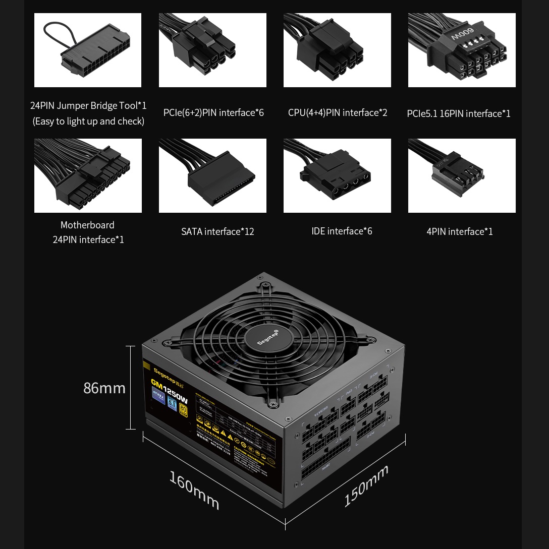 Gaming Power Supply 1250W 80 Plus Gold Full Modular PSU