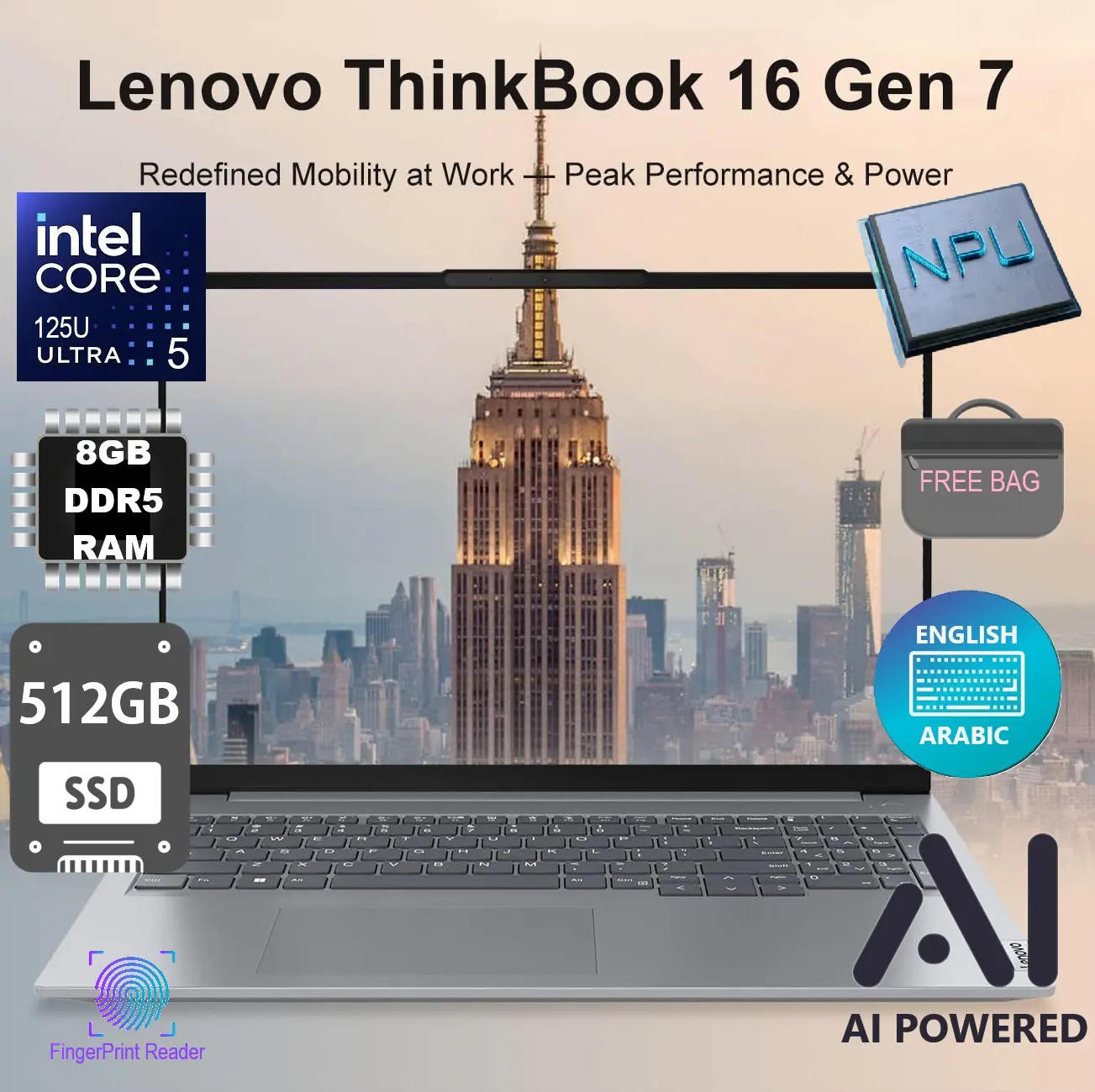 ThinkBook 16 G7 AI Core Ultra 5 125U 8GB RAM English Arabic