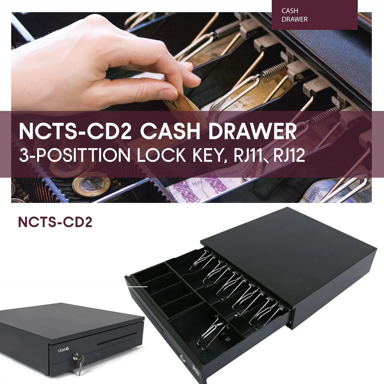 NCTS-CD2 Cash Drawer 3-Position Lock RJ11 RJ12 Robust Steel