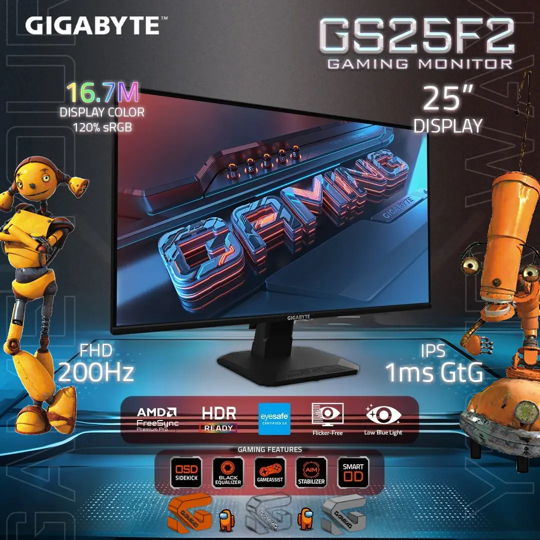 Gigabyte GS25F2 Gaming Monitor 24.5" FHD 200Hz Super Speed IPS, 1ms GTG ...