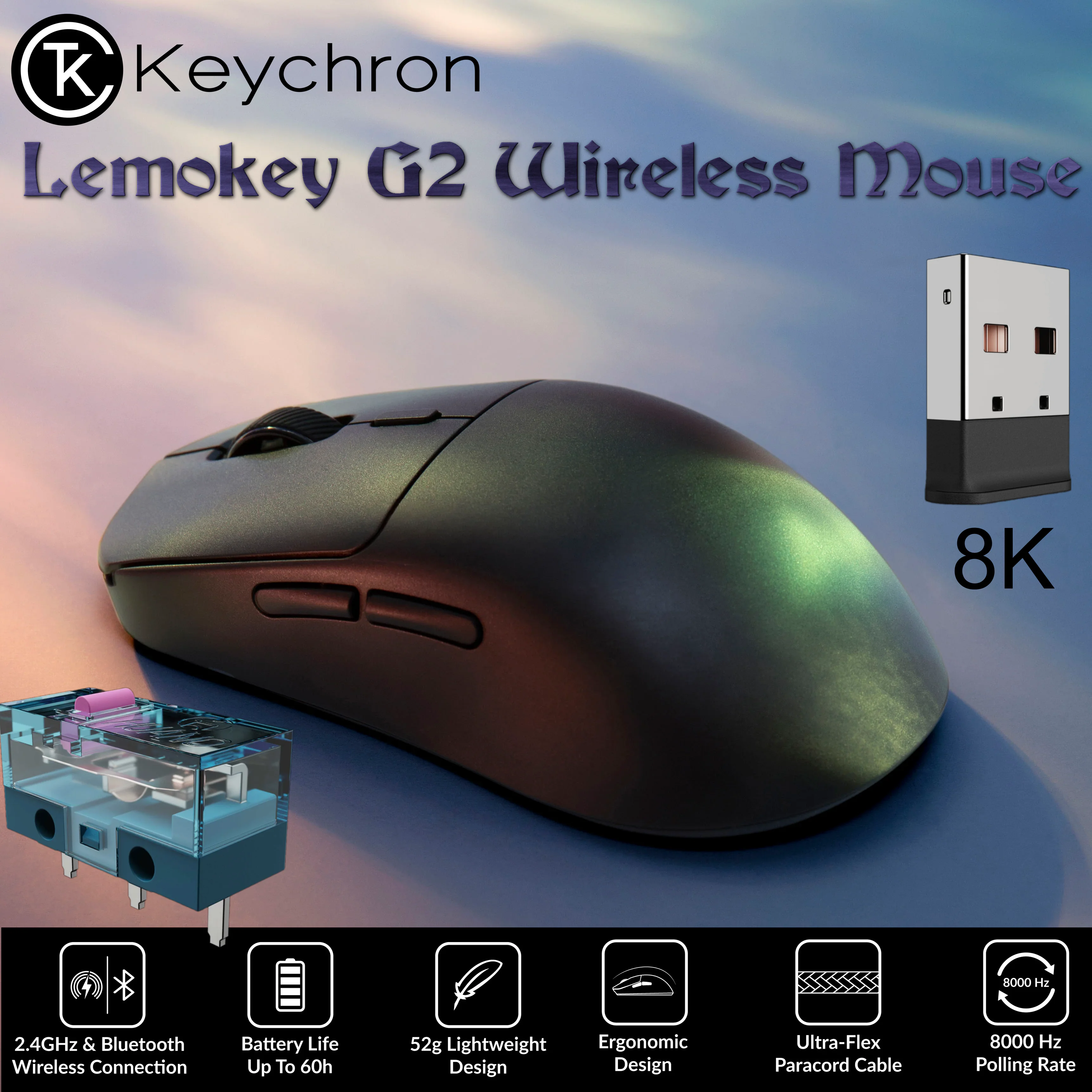 Keychron Lemokey G2 Wireless Gaming Mouse, PixArt 3950 Sensor, 8K ...
