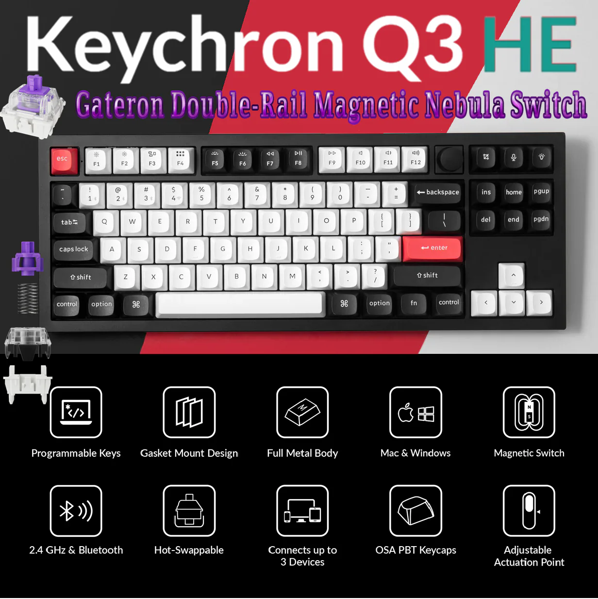 Keychron Q3 HE QMK Wireless Custom Keyboard With Gateron Double-Rail ...
