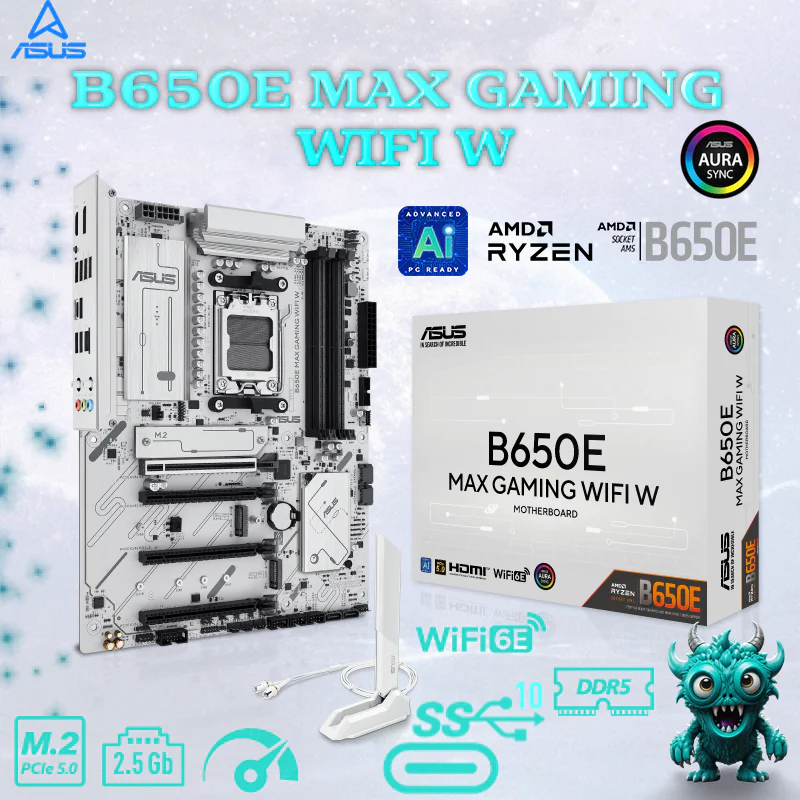 ASUS B650E MAX GAMING WIFI W - AMD B650 AM5 ATX Motherboard, White PCB ...