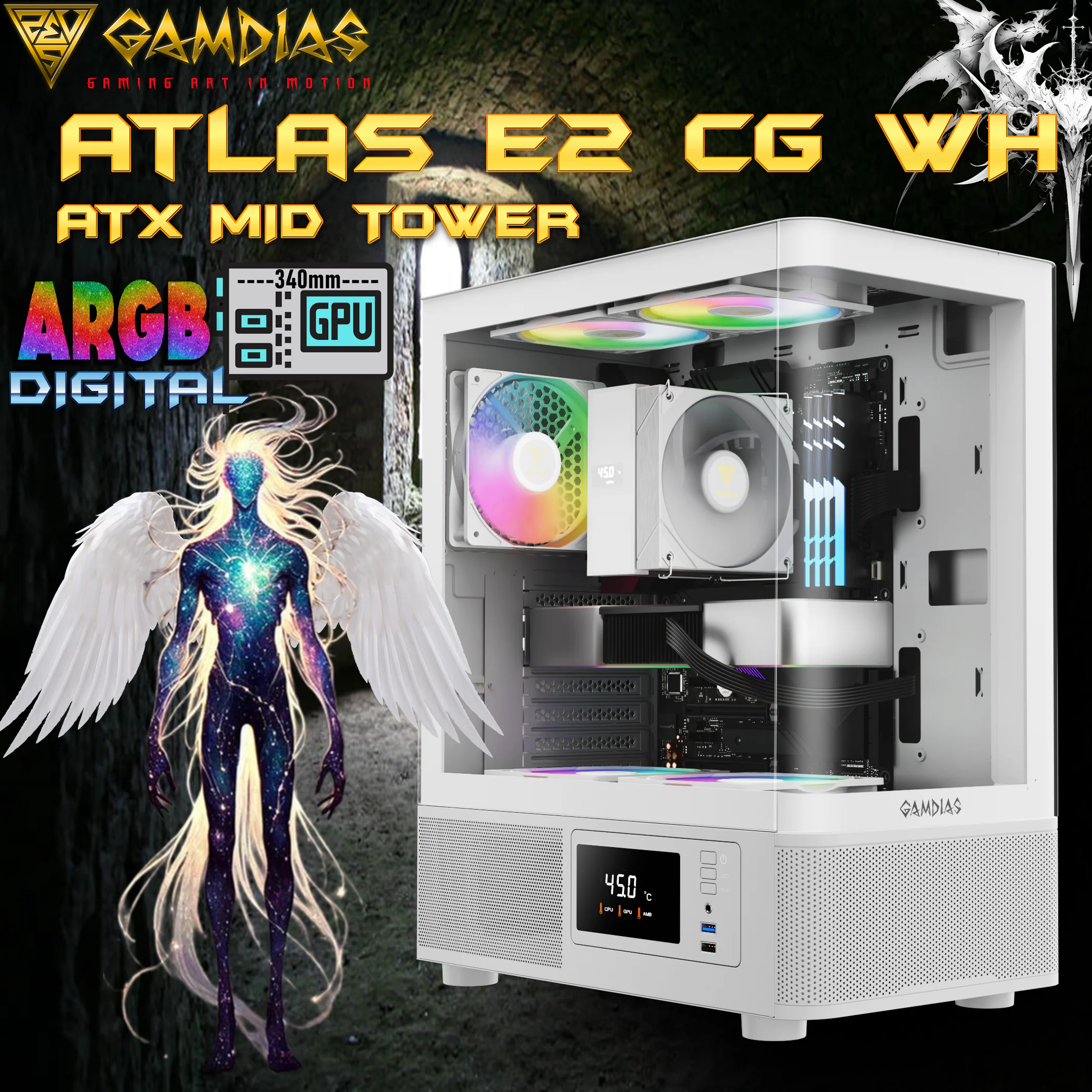 GAMDIAS Atlas E2 CG WH Mid Tower PC Case With Curved Tempered Glass ...