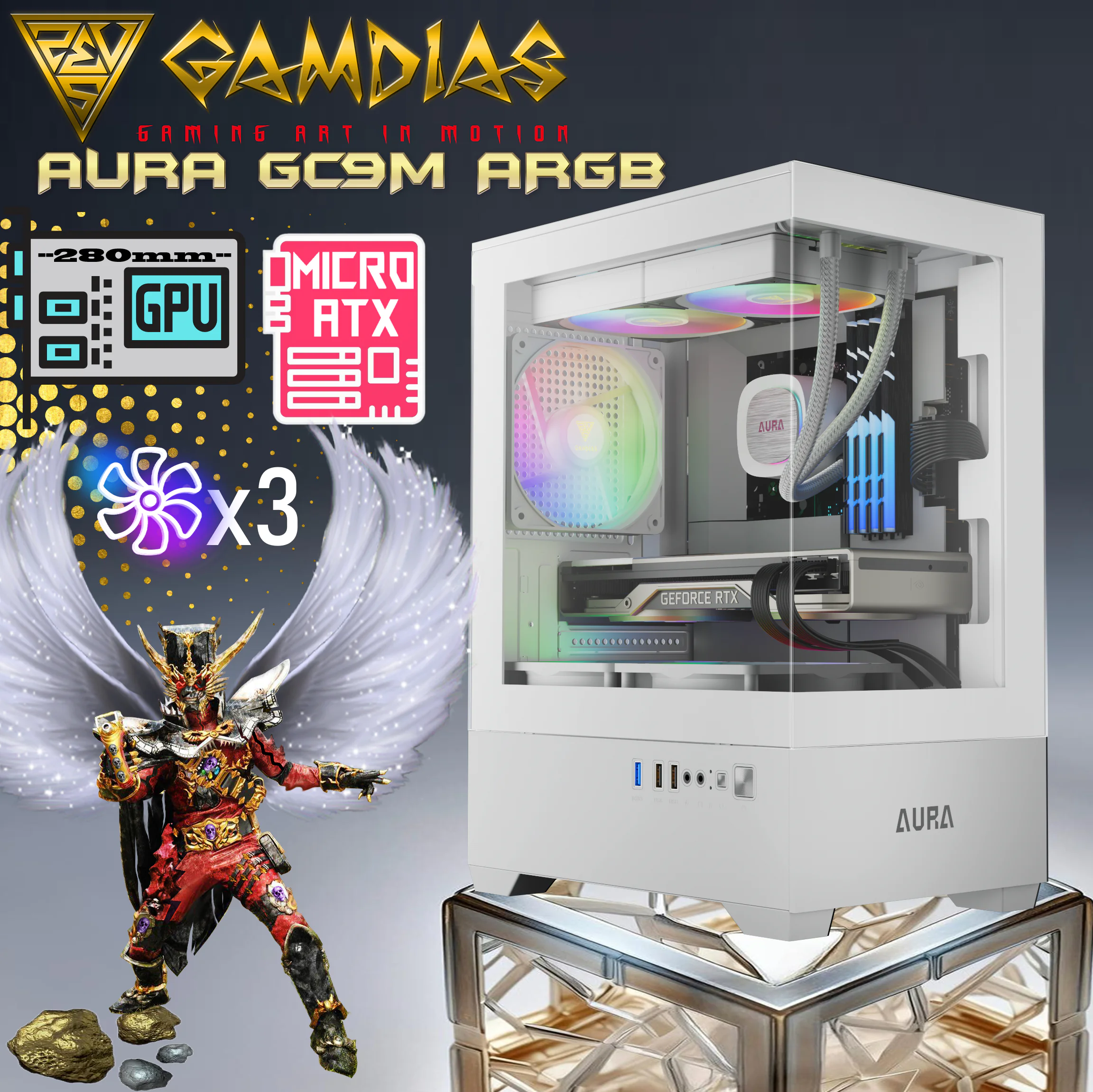 Gamdias Aura GC9M ARGB Micro Tower Case With 3x120mm Fans, Panoramic ...