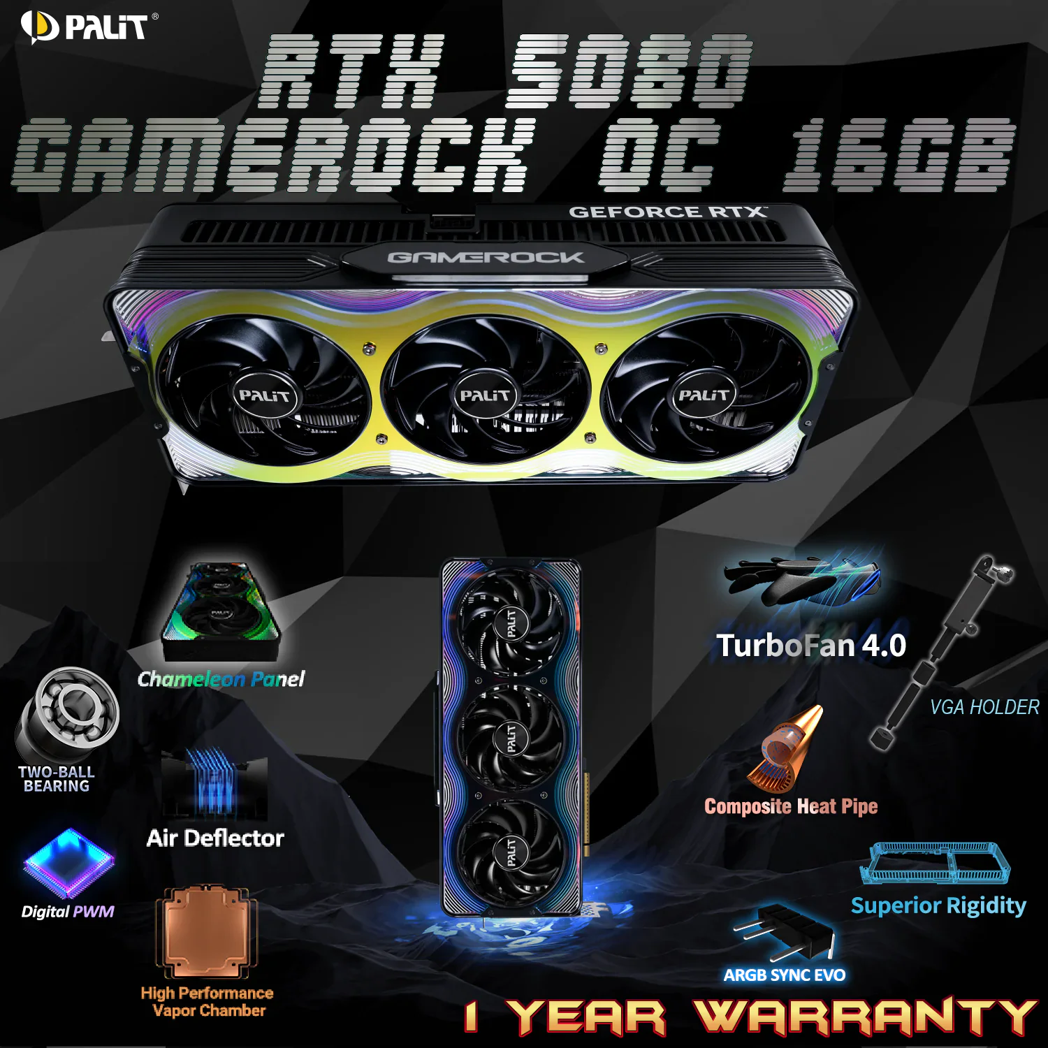 Palit GeForce RTX 5080 GameRock OC 16GB GDDR7 With DLSS 4, ARGB Sync ...